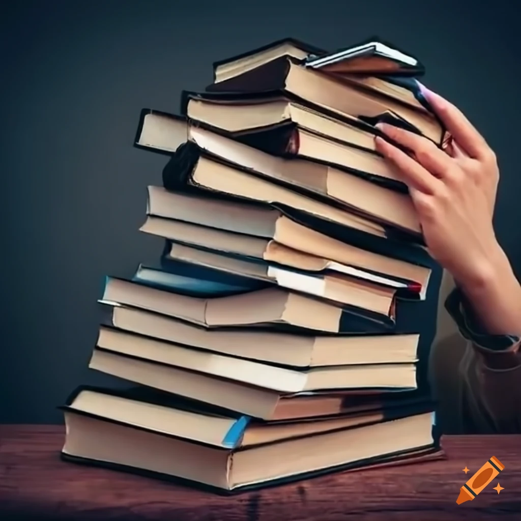 Person holding many books on Craiyon