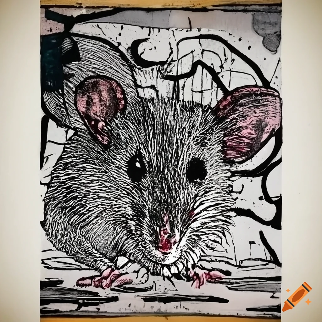 Intricately detailed scared rat linocut in black and white on Craiyon
