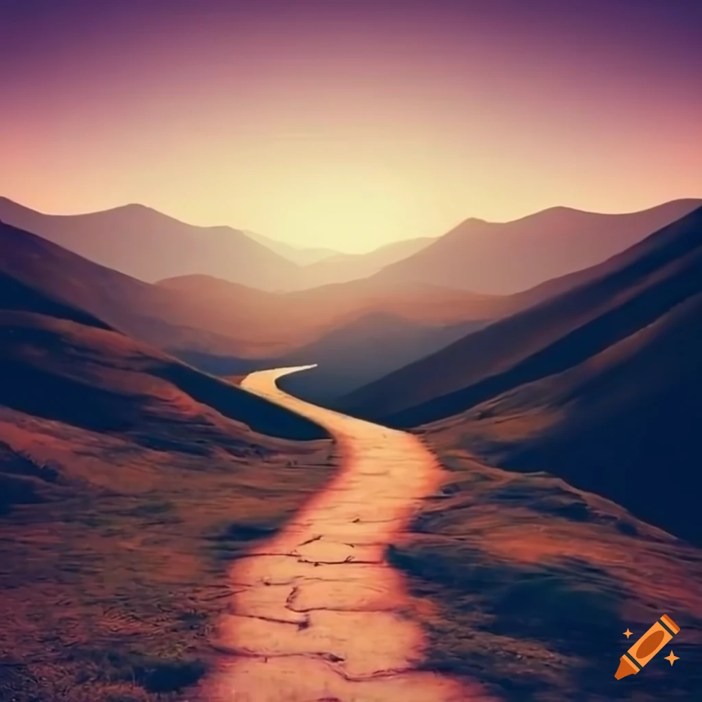 Winding path with shadows and distant mountains in a landscape on Craiyon