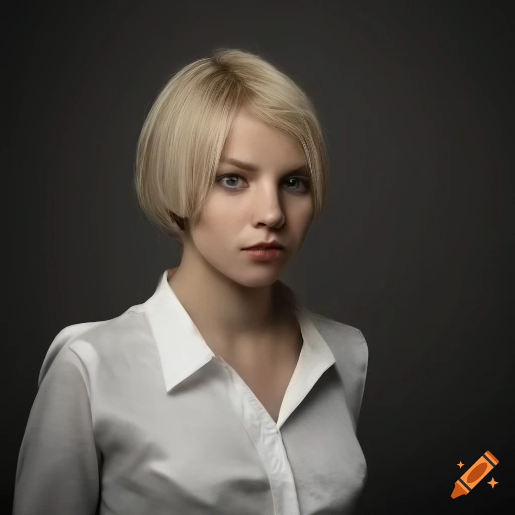 Realistic Portrait Of A Woman With Blonde Bob Hair And White Shirt On