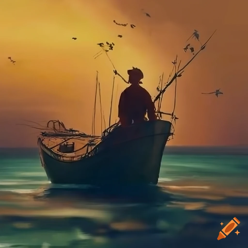 Afternoon sea with fishing boat and man on Craiyon