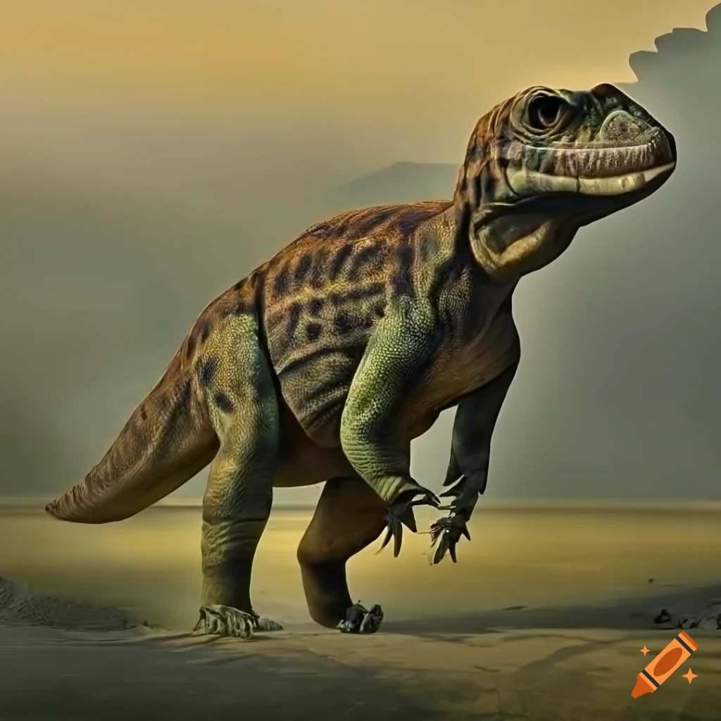 Hefty iguanodon dinosaur with intricate color and skin patterns in warm ...