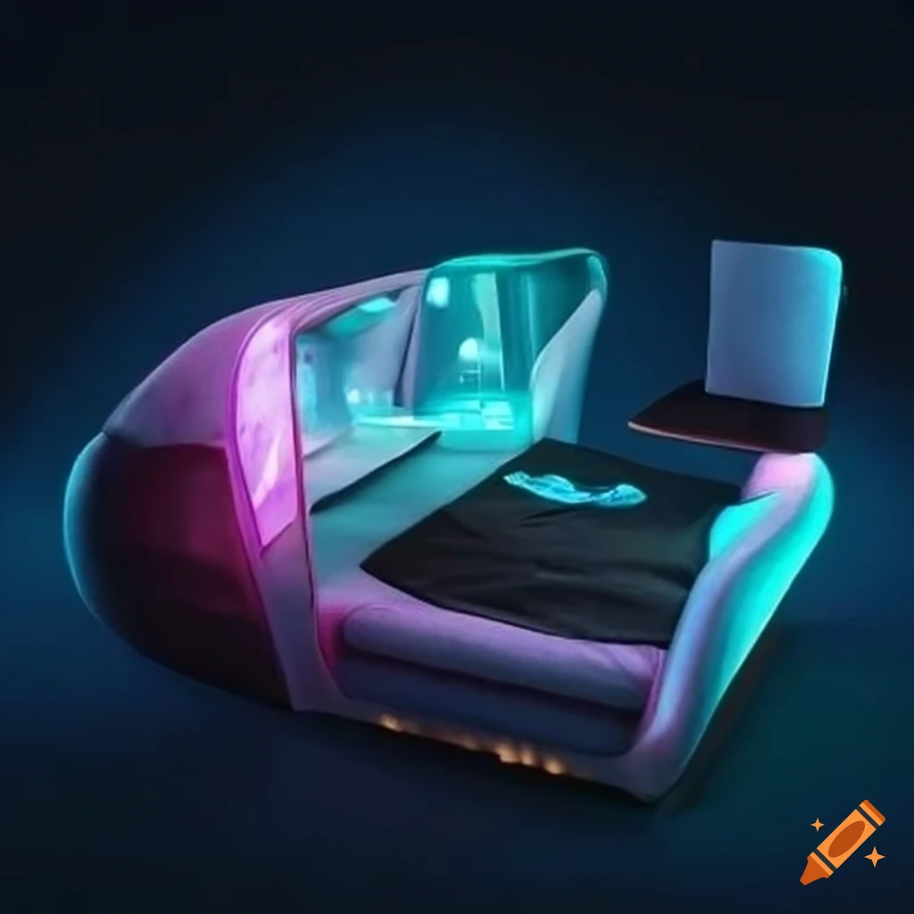 Futuristic bed pod with table on Craiyon