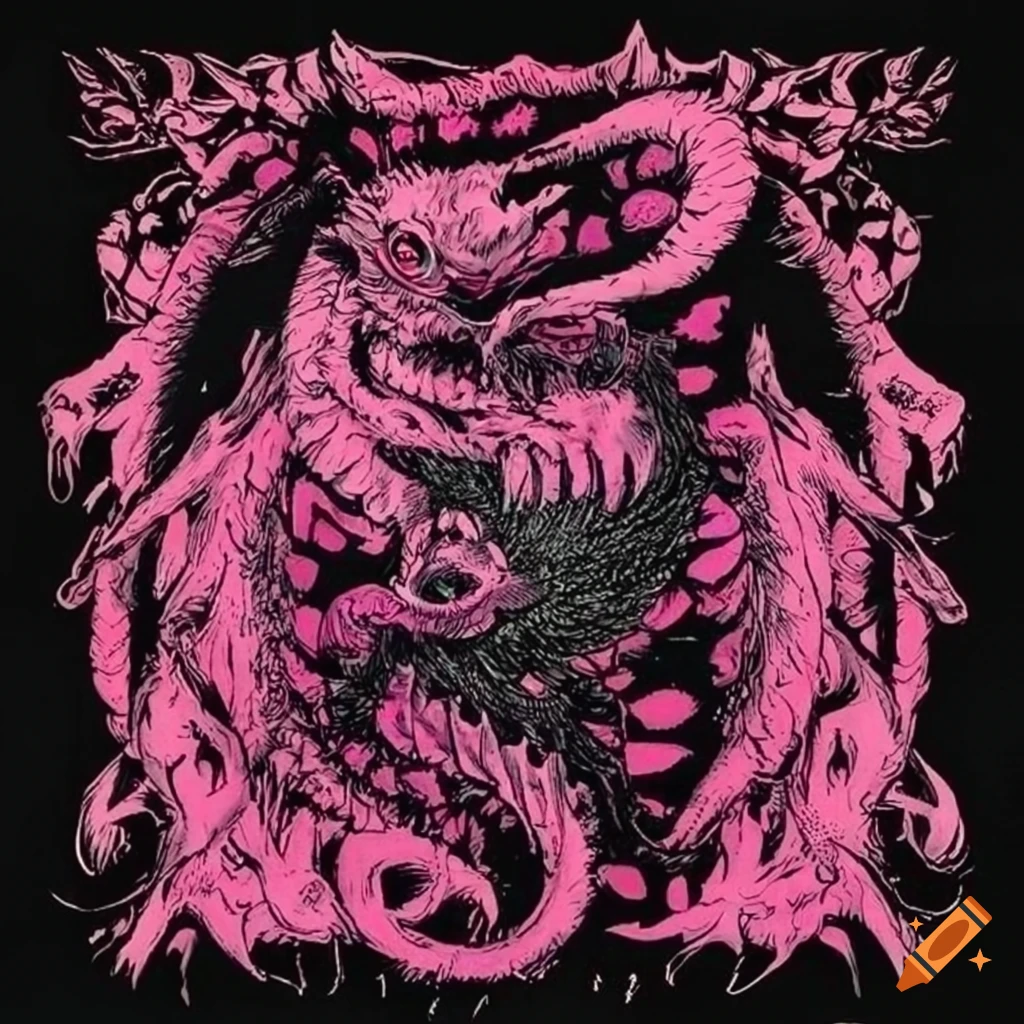 Black and pink mythical creature design on a metalcore band t-shirt ...