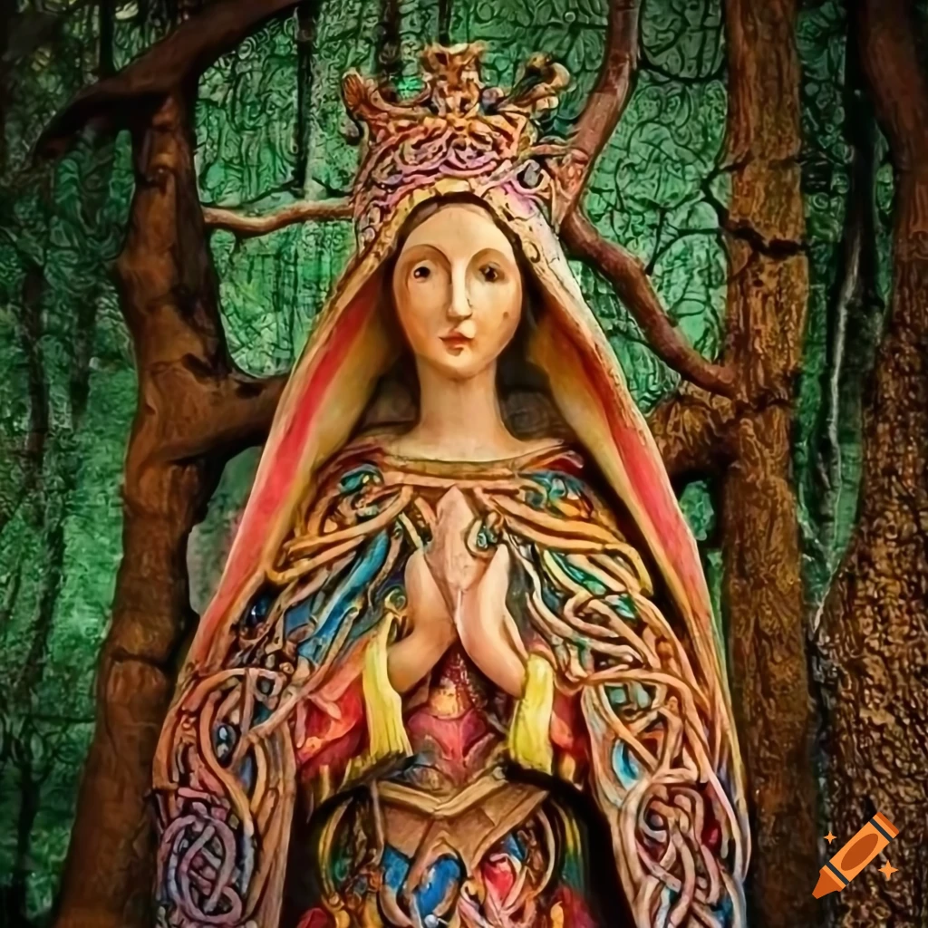 Sculpture of Maria, the Virgin Mother, inside a massive tree with ...