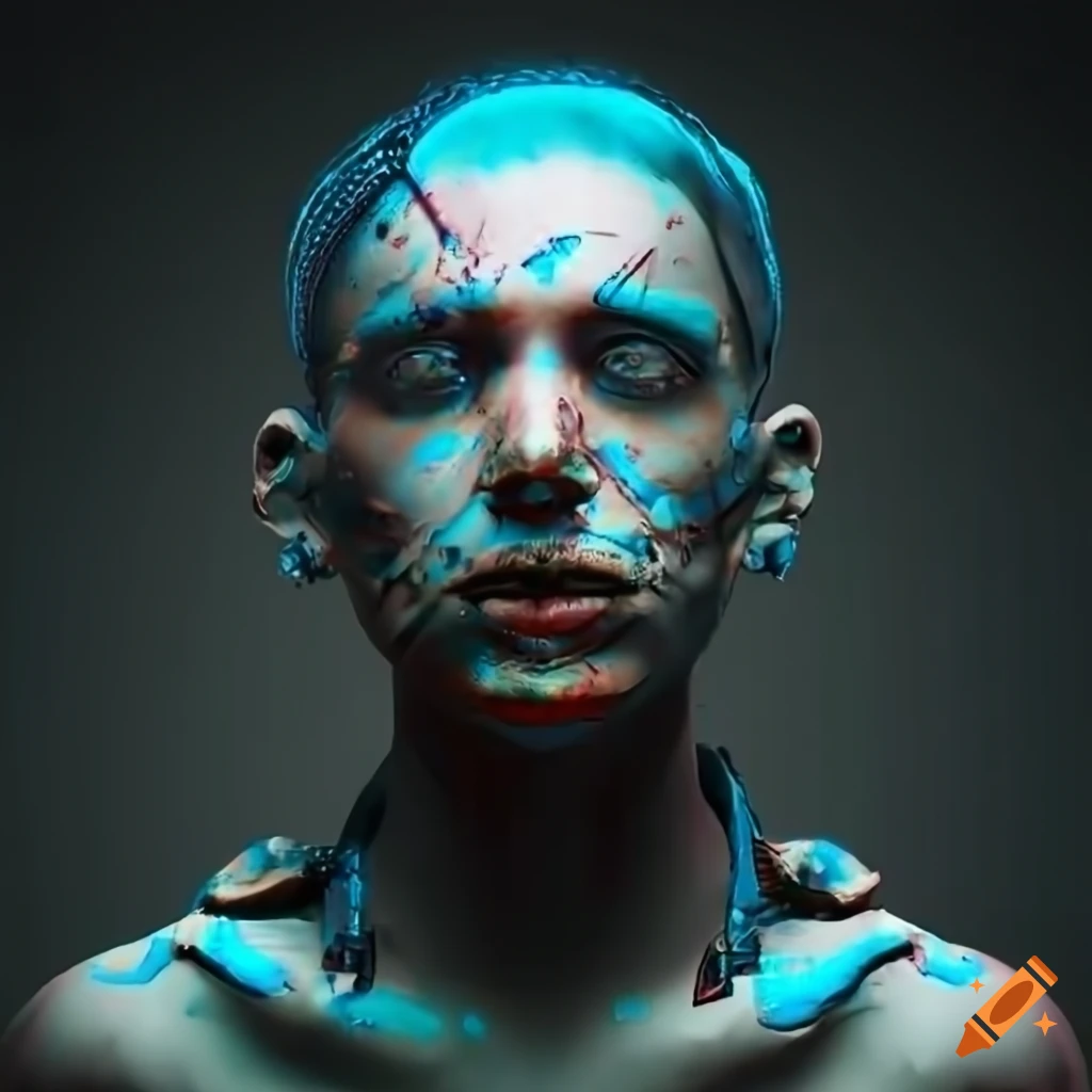 Detailed image of a cyborg male with mechanical parts and glitch effect ...