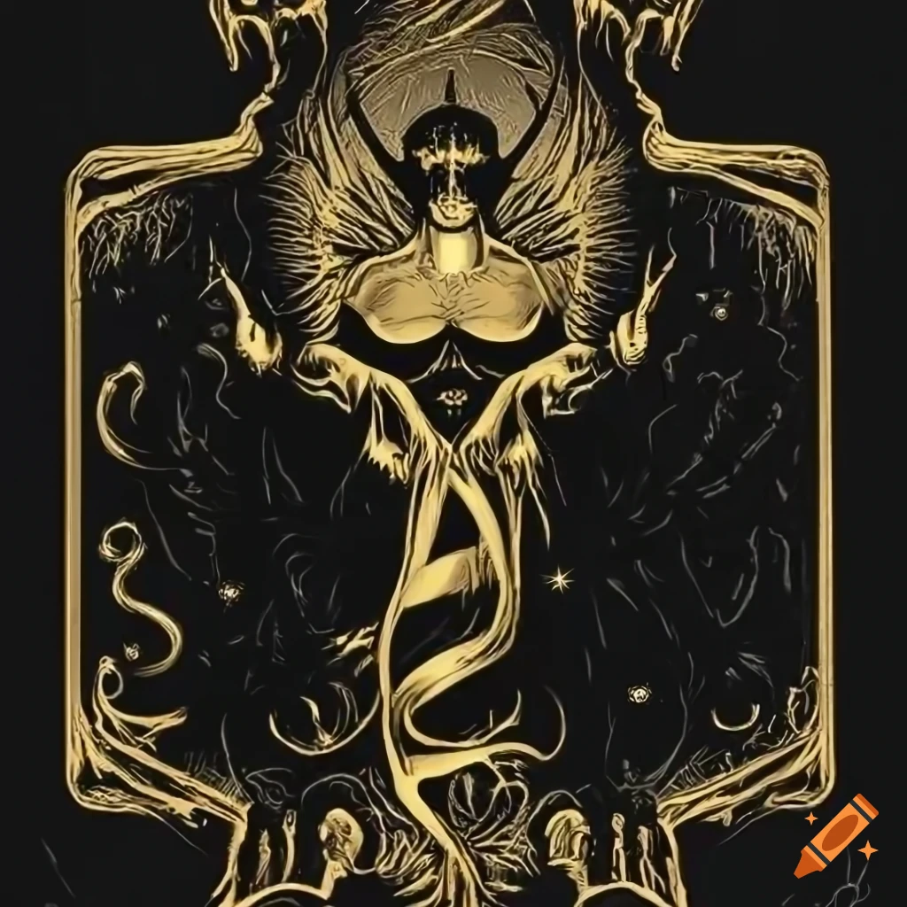 Mystic devil tarot card with black background and gold lines on Craiyon