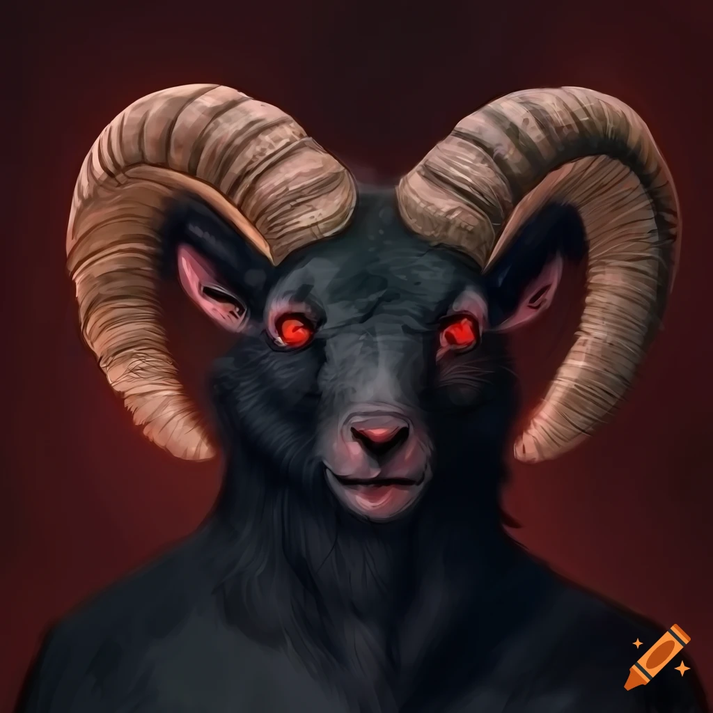 Realistic portrait of a fierce black fursona ram with red curled horns ...