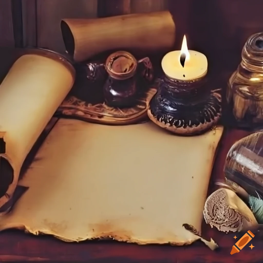 Medieval open rolled scroll on old desk with candle, writing feather ...