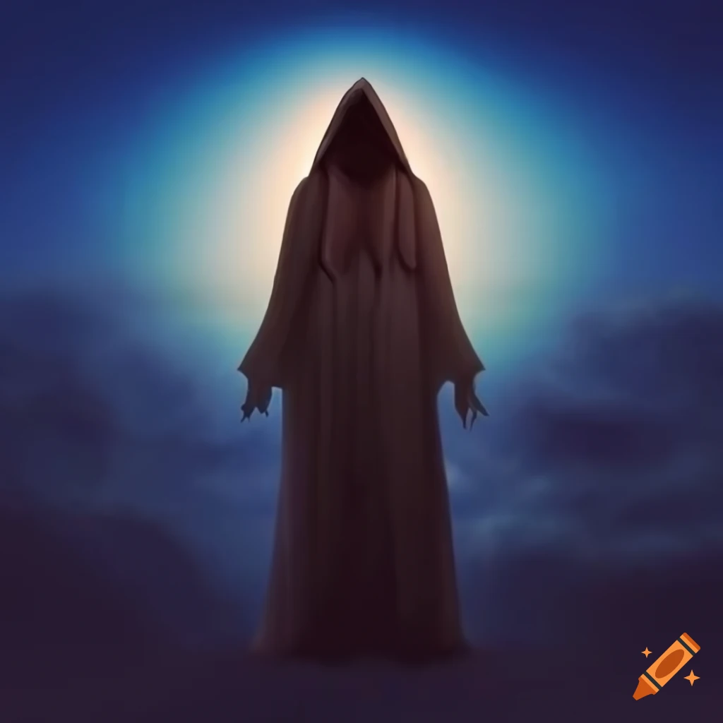 Hooded figure god standing in front of the sky on Craiyon