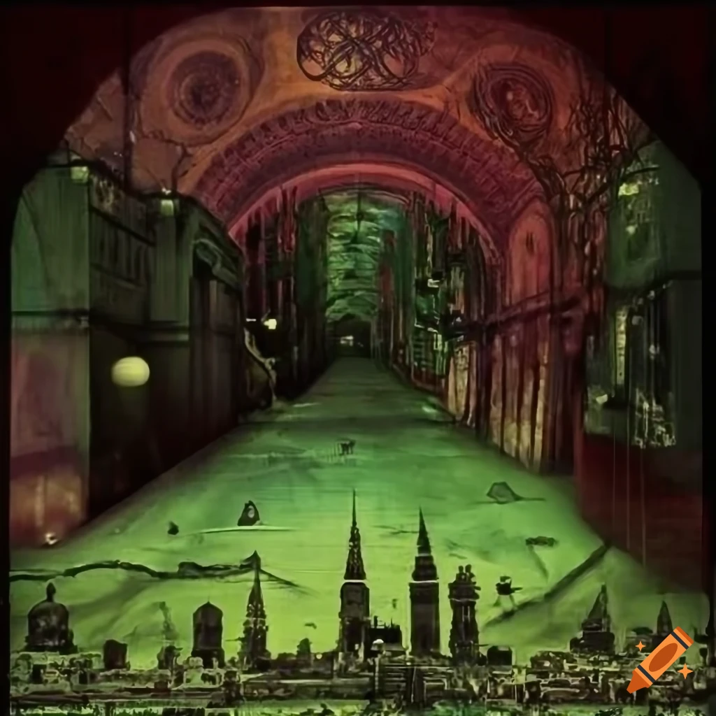 Ethereal goth psychedelic city album cover on Craiyon