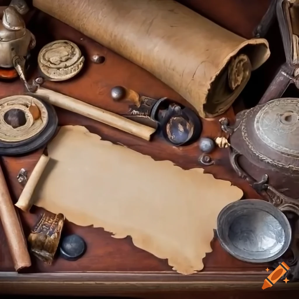 Medieval open scrolled scroll on an old desk with antique items on Craiyon