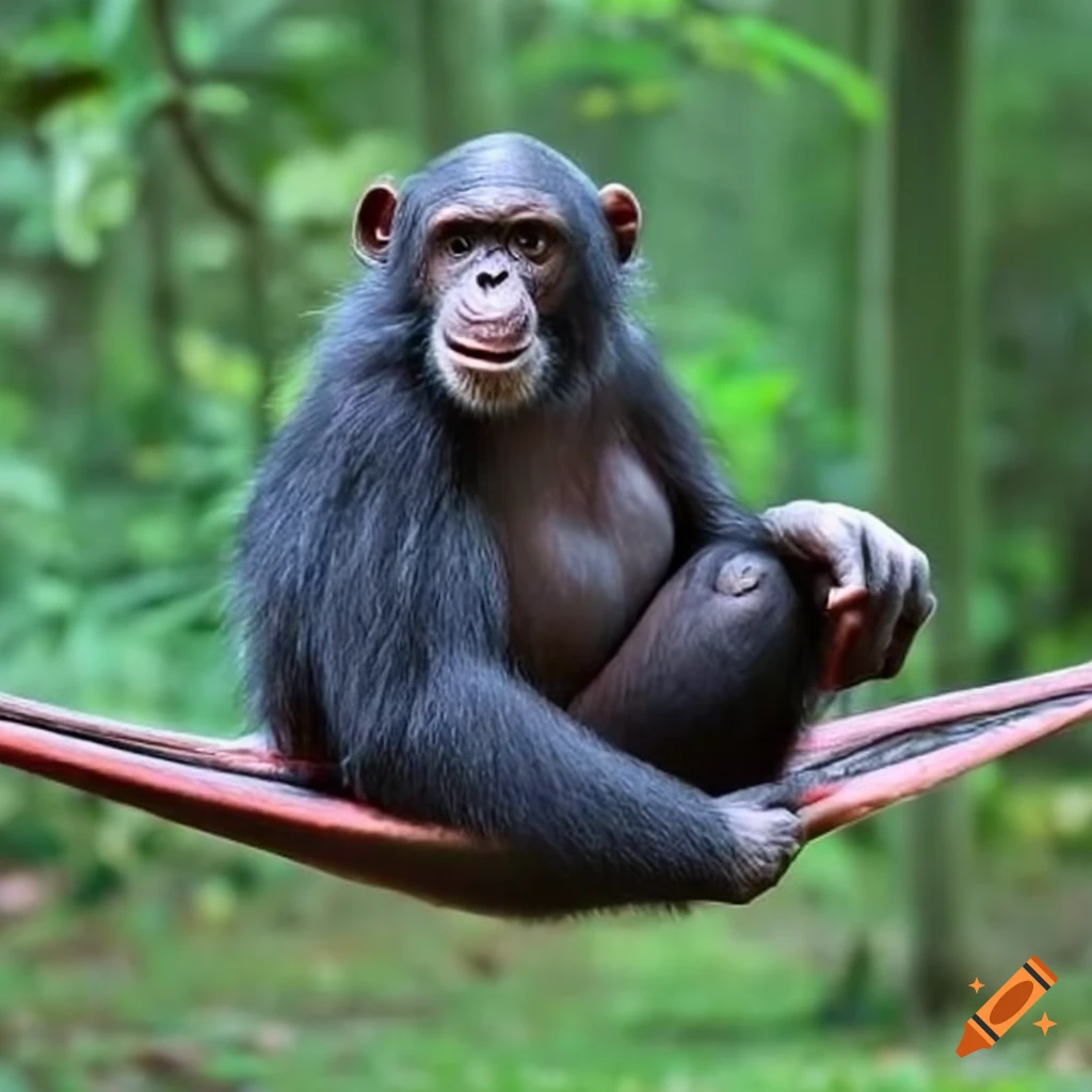 Chimpanzee relaxing in a hammock on Craiyon