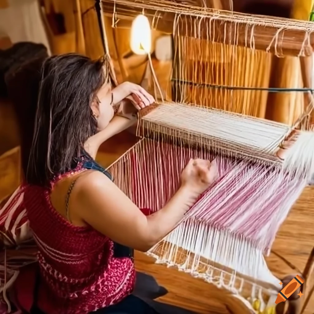 Talented woman weaving on a loom in cozy home workspace on Craiyon