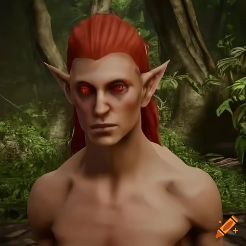 Etruscan-hittite pale-white-skinned elf man with red-golden cloth and ...