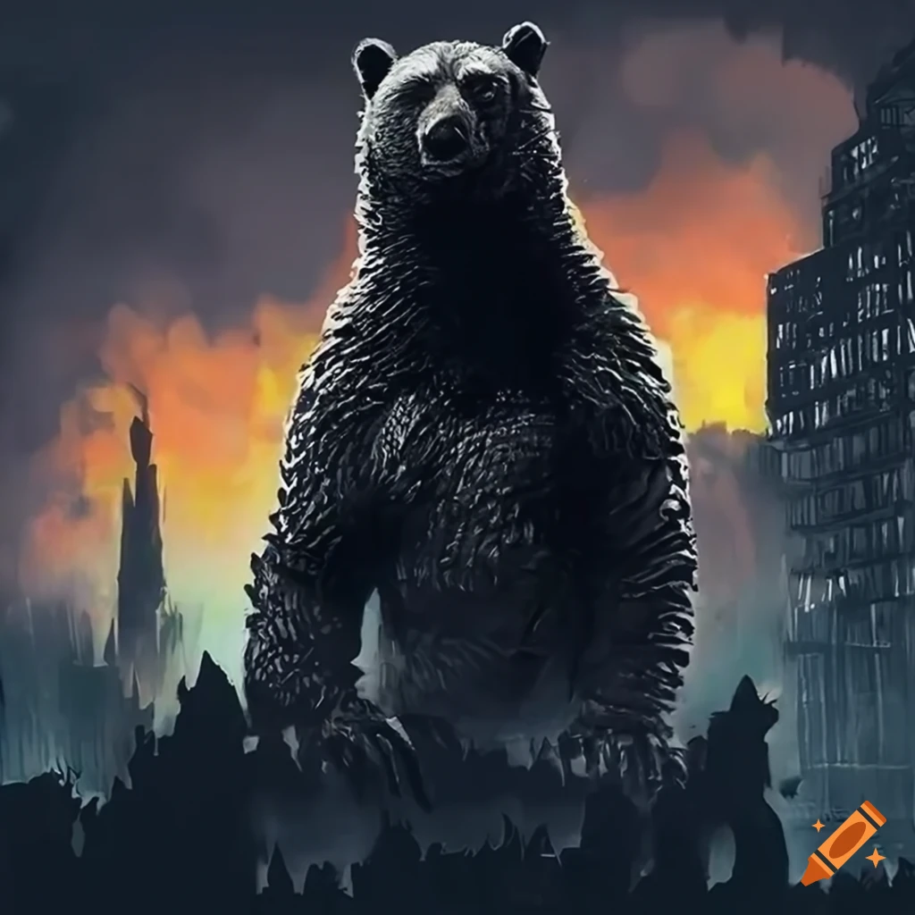 Bear cub causing destruction in a city, reminiscent of godzilla on Craiyon