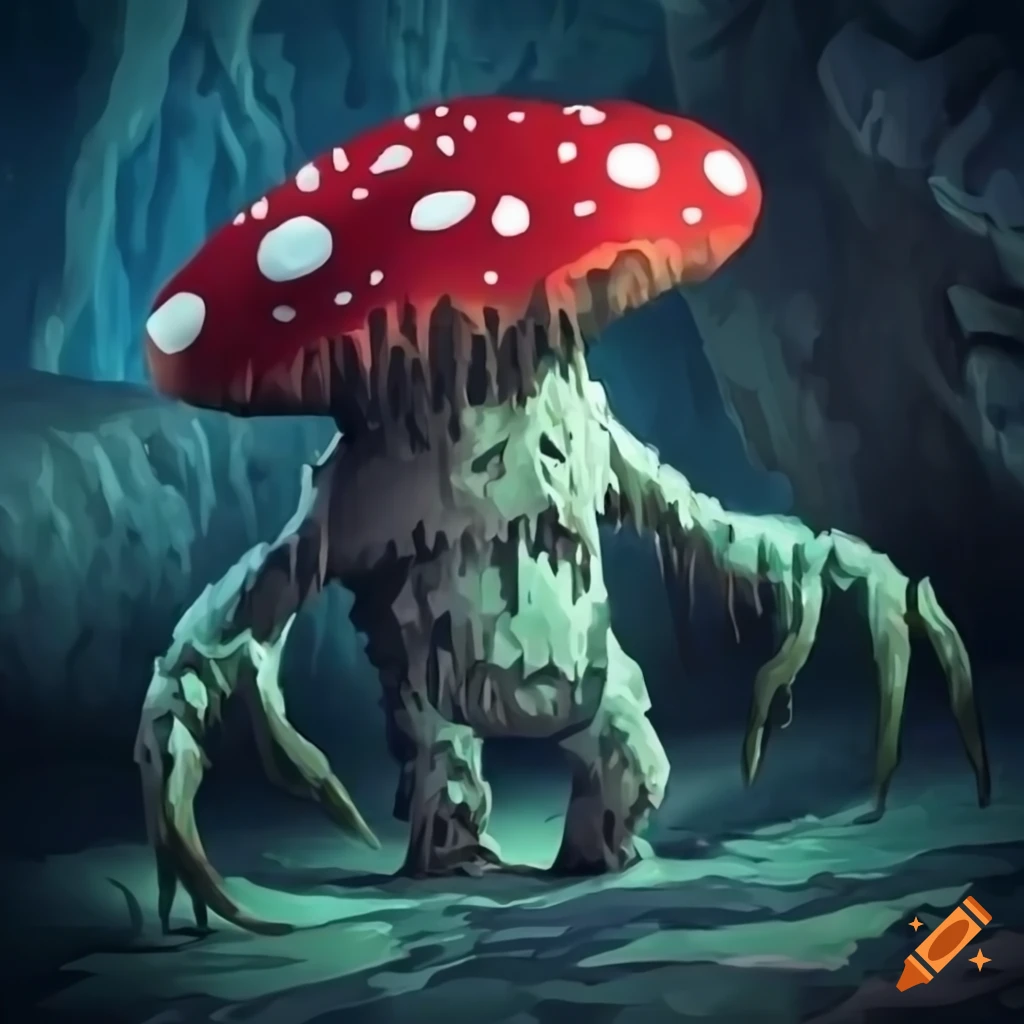 Mushroom golem in a cavern on Craiyon
