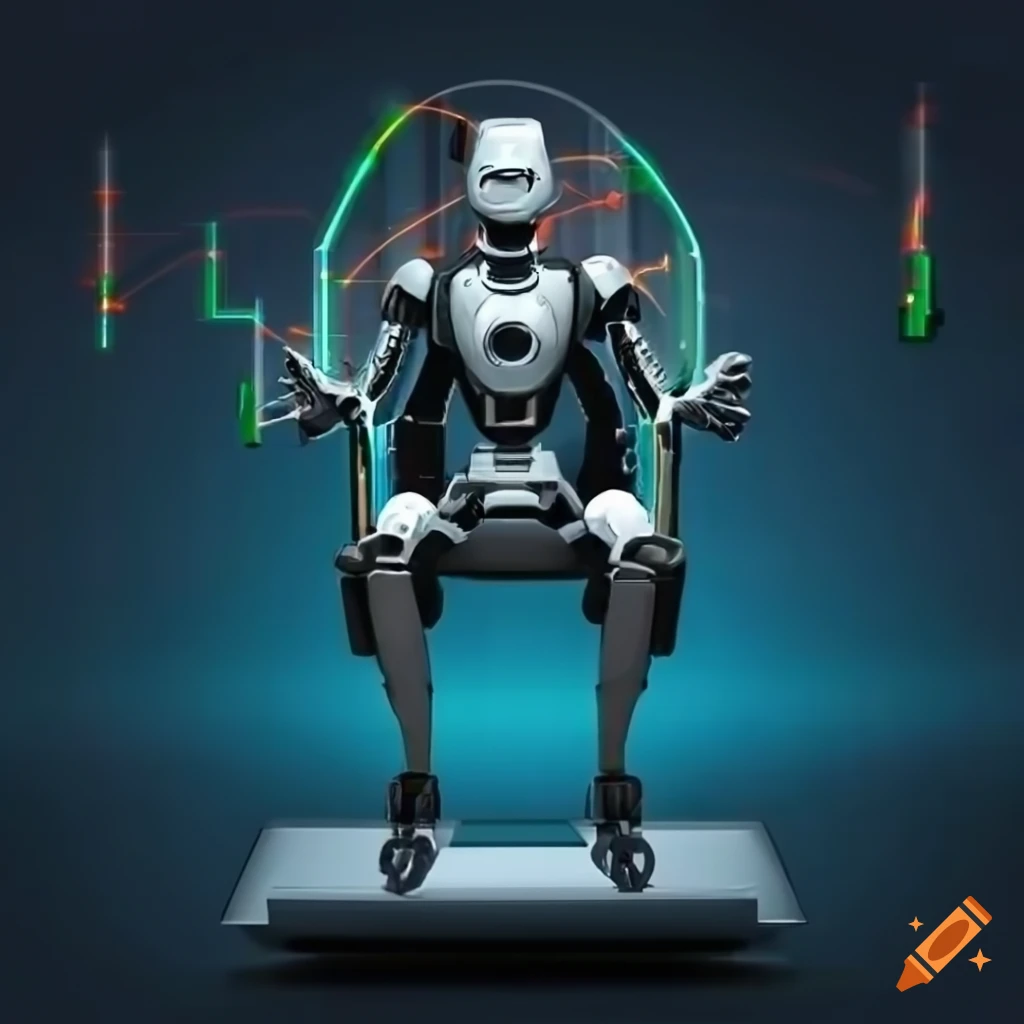 Futuristic fighter robot trading forex on a computer while sitting on a ...