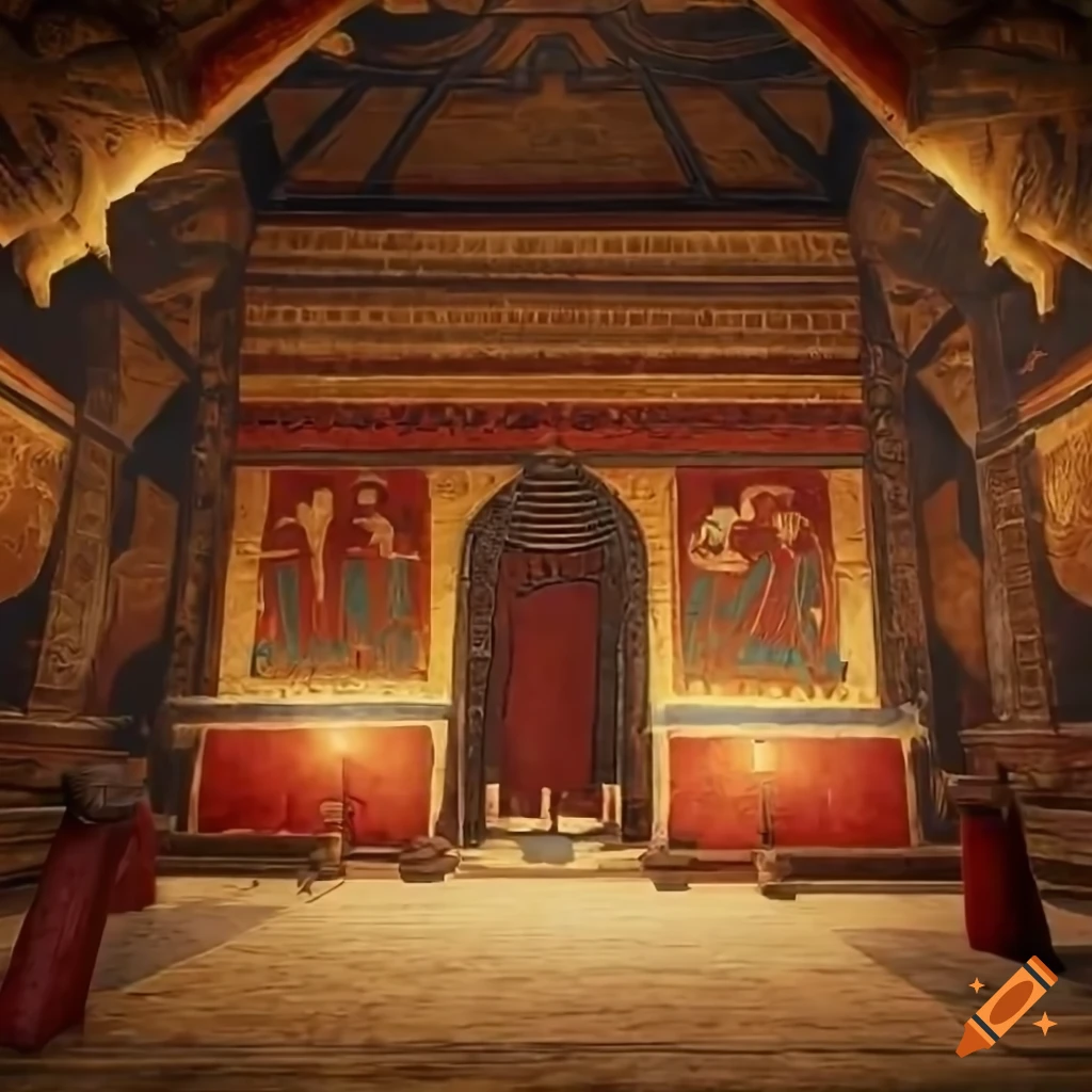 Etruscan-Hittite-Viking wooden temple fresco painting of a red-haired ...