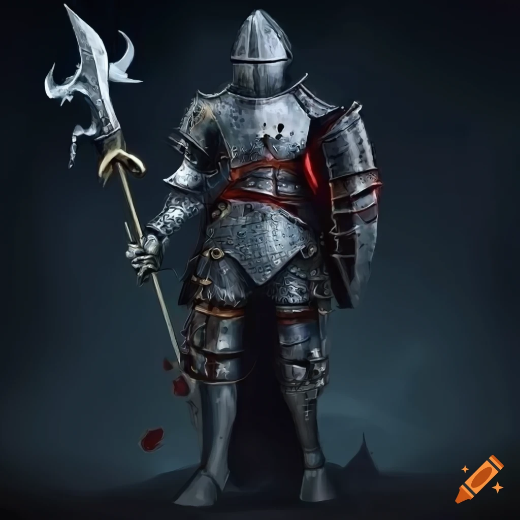 Blue armored knight holding a red halberd on an armored horse on Craiyon