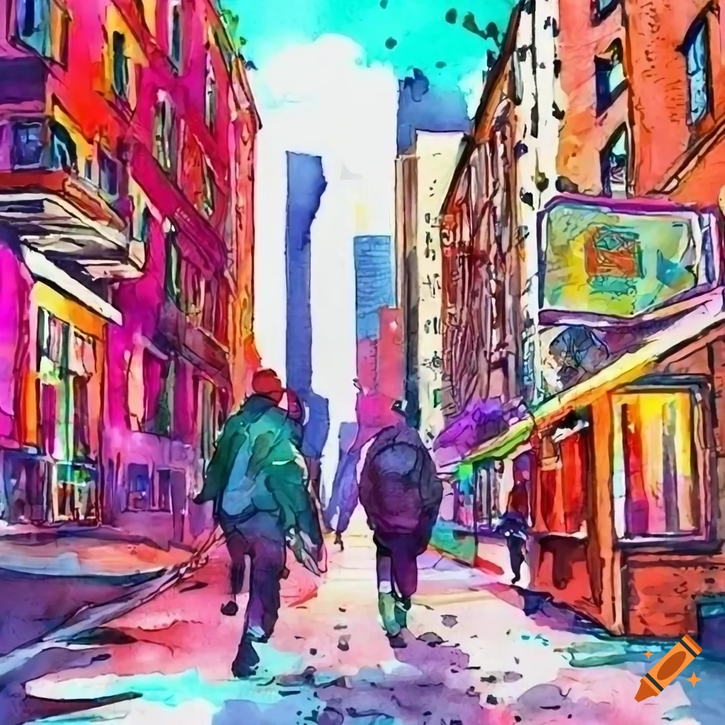 Ilustration of two young people walking down a brooklyn street rap on ...
