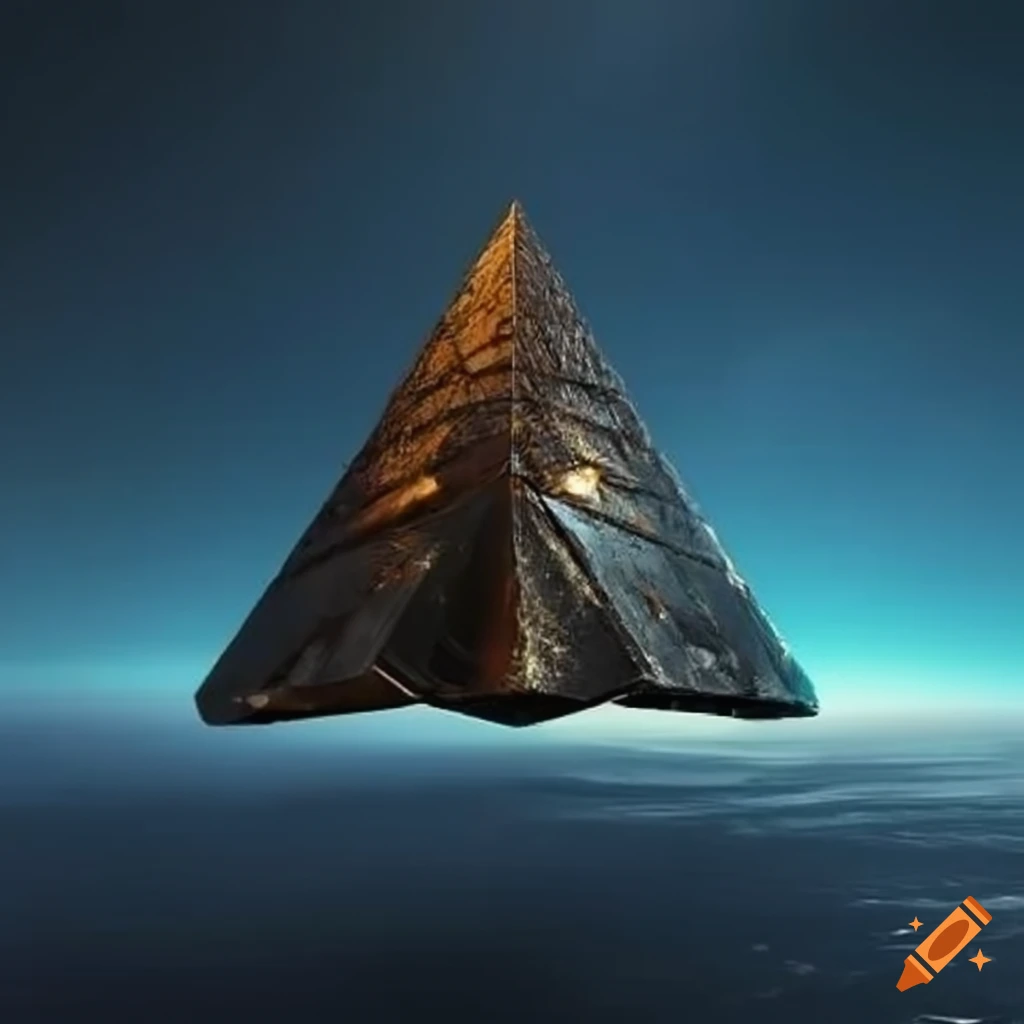 Triangular pyramid shaped alien spaceship made of xenon alloy on Craiyon