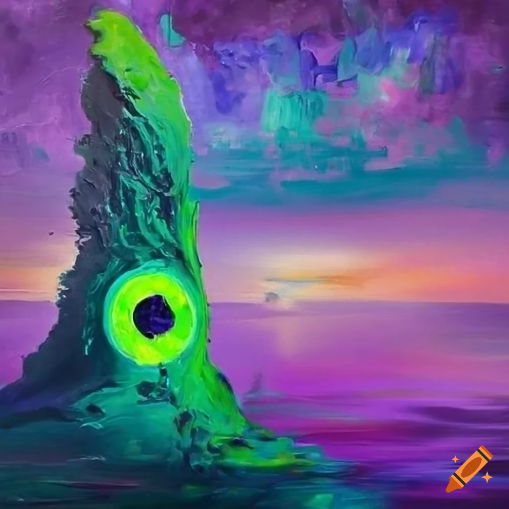 Oil painting of a catastrophe with violet sky and green radioactive ...