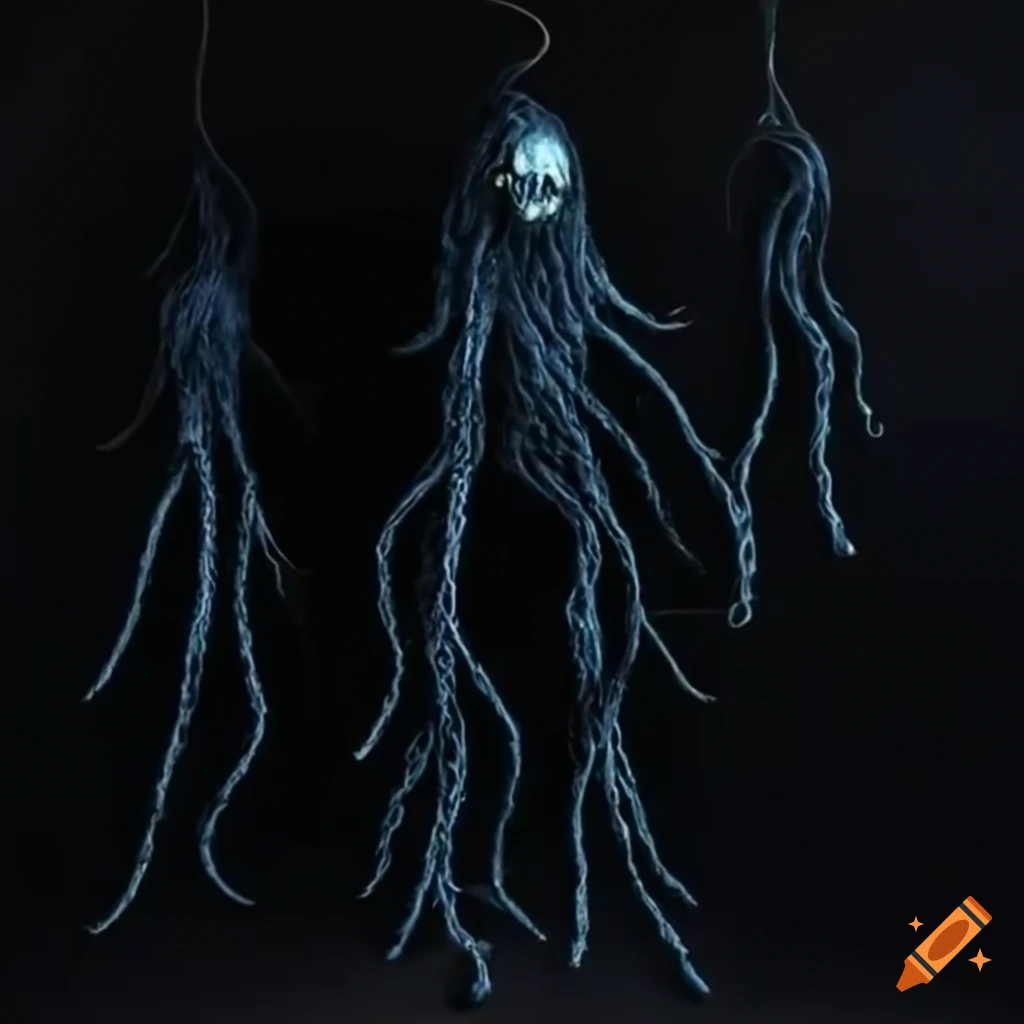 Eerie creature made of black cables in a blue atmosphere on Craiyon