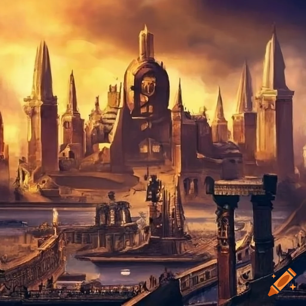 Steampunk and roman civilization blend in a detailed cityscape painted ...