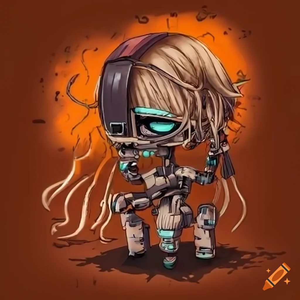 Anime mecha droid with noodle hair on burnt orange background on Craiyon
