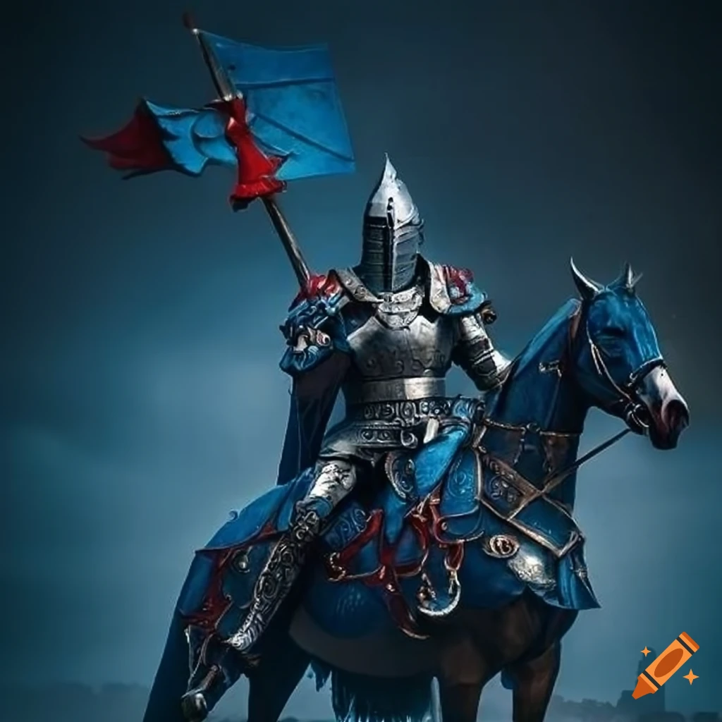 Blue armored knight on horseback holding a red halberd on Craiyon