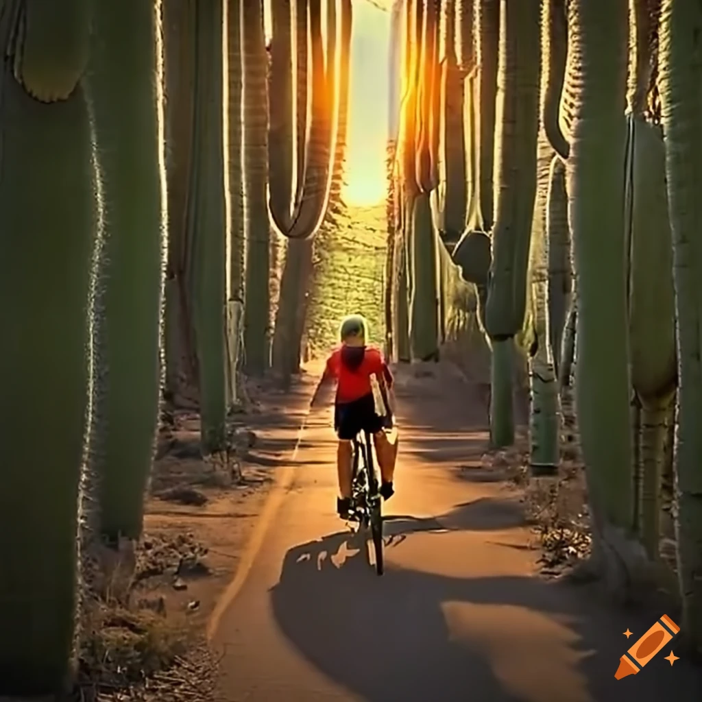 Man biking in a saguaro cactus forest on Craiyon