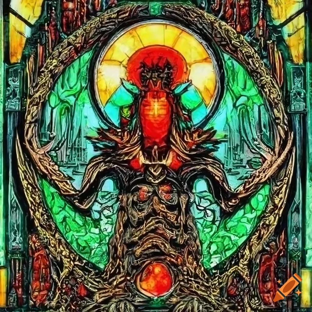 Stained glass art depicting various mythical and fantasy elements on ...