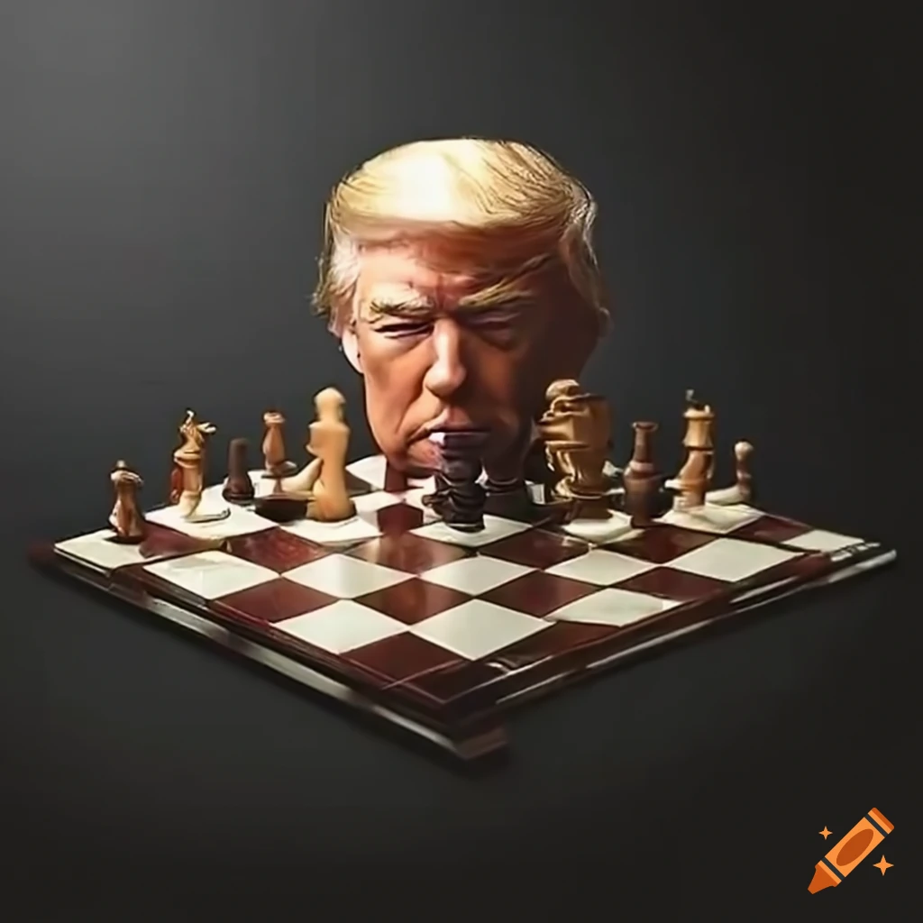 Satirical chess set with donald trump pieces on Craiyon