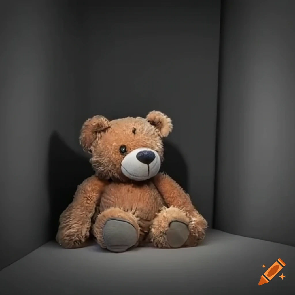Teddy bear hiding in a dark room with a fearful expression on Craiyon