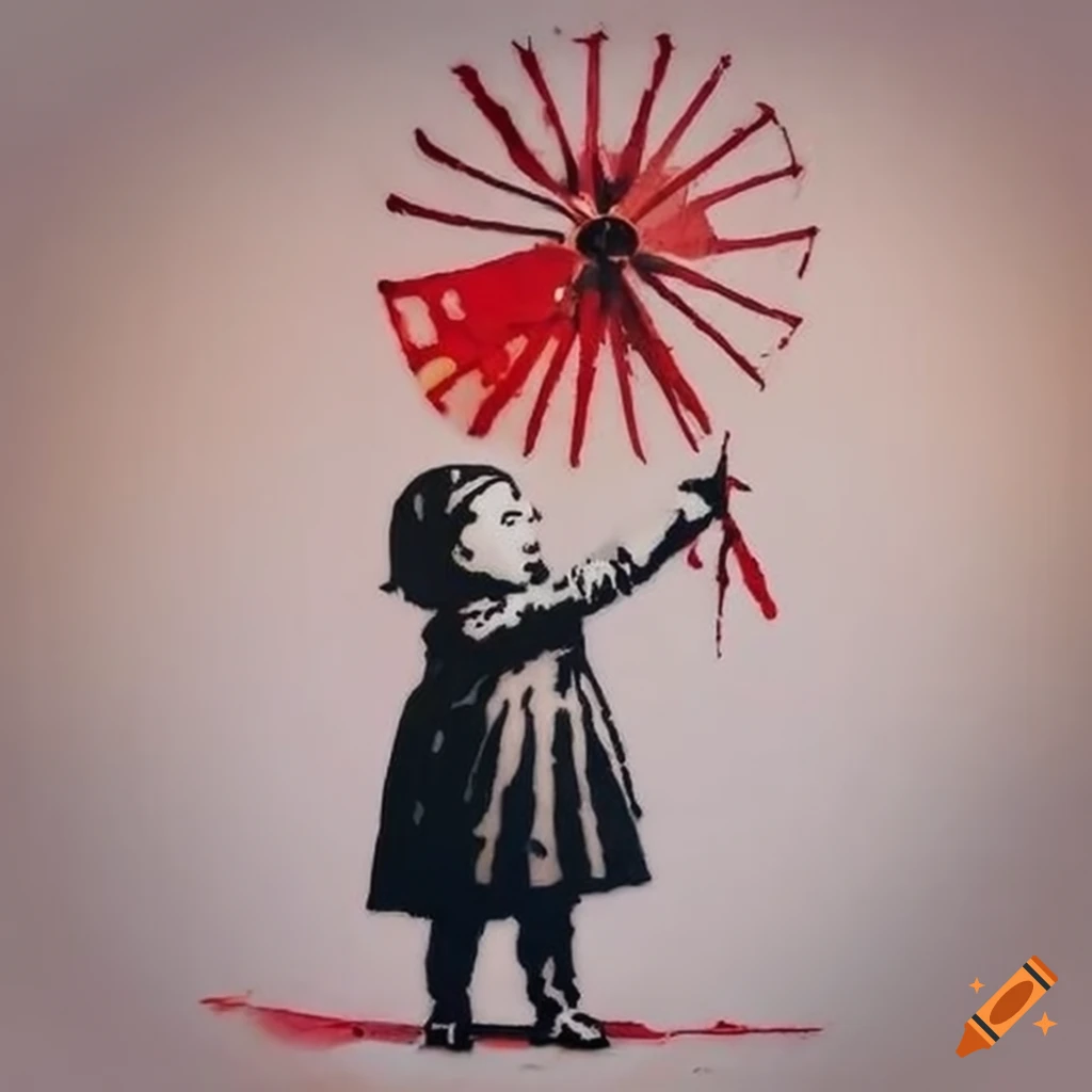 Child holding a bloody windmill in a banksy inspired artwork on Craiyon