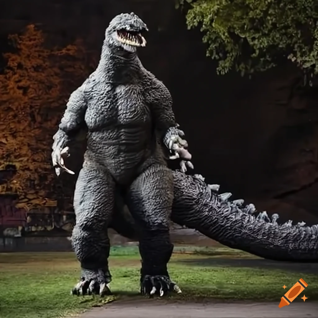 Giant godzilla strolling through a neighborhood on Craiyon