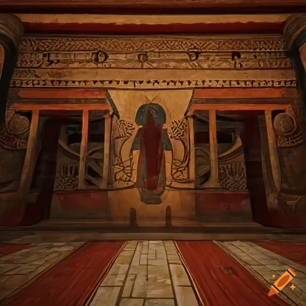 Etruscan-hittite-viking wooden temple fresco painting of a sky god with ...