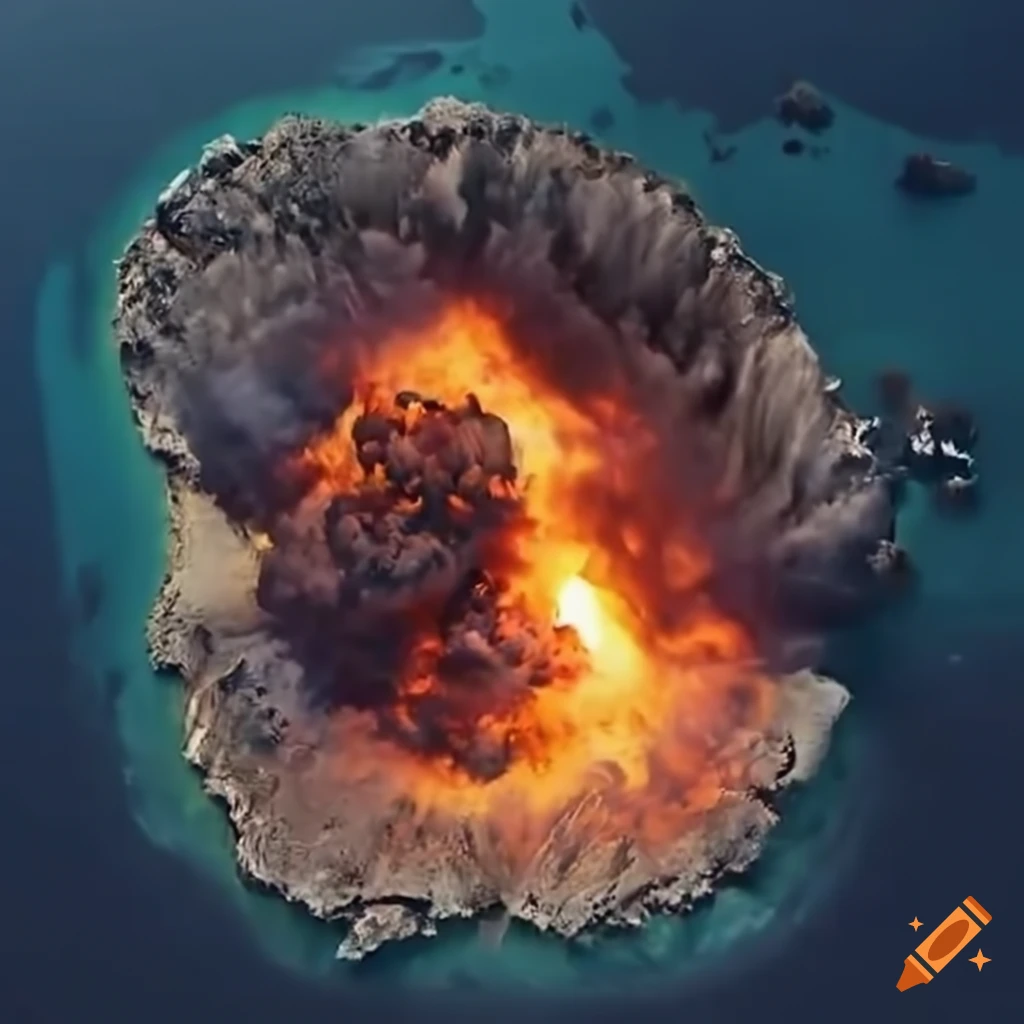 Desert wasteland island explosion seen from above on Craiyon