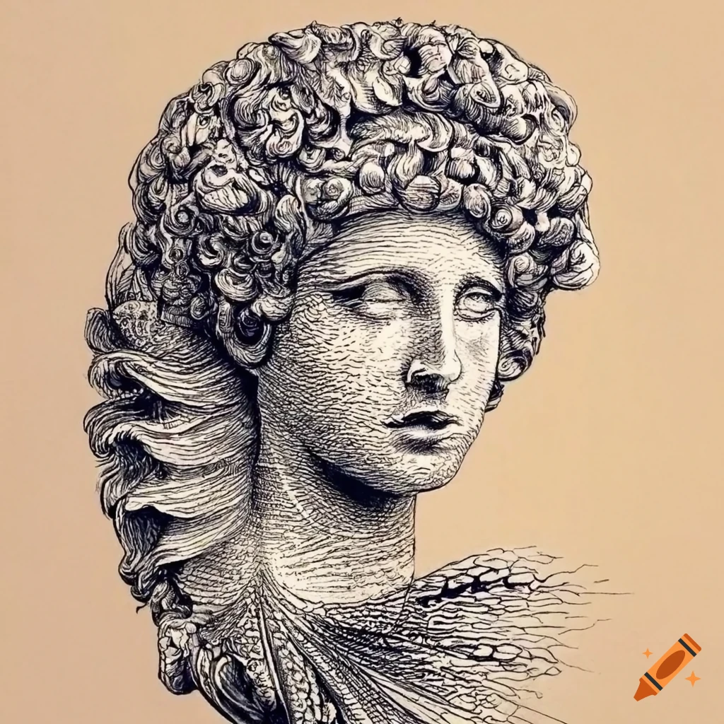 Highly detailed pen drawing of a mermaid in a roman style on Craiyon