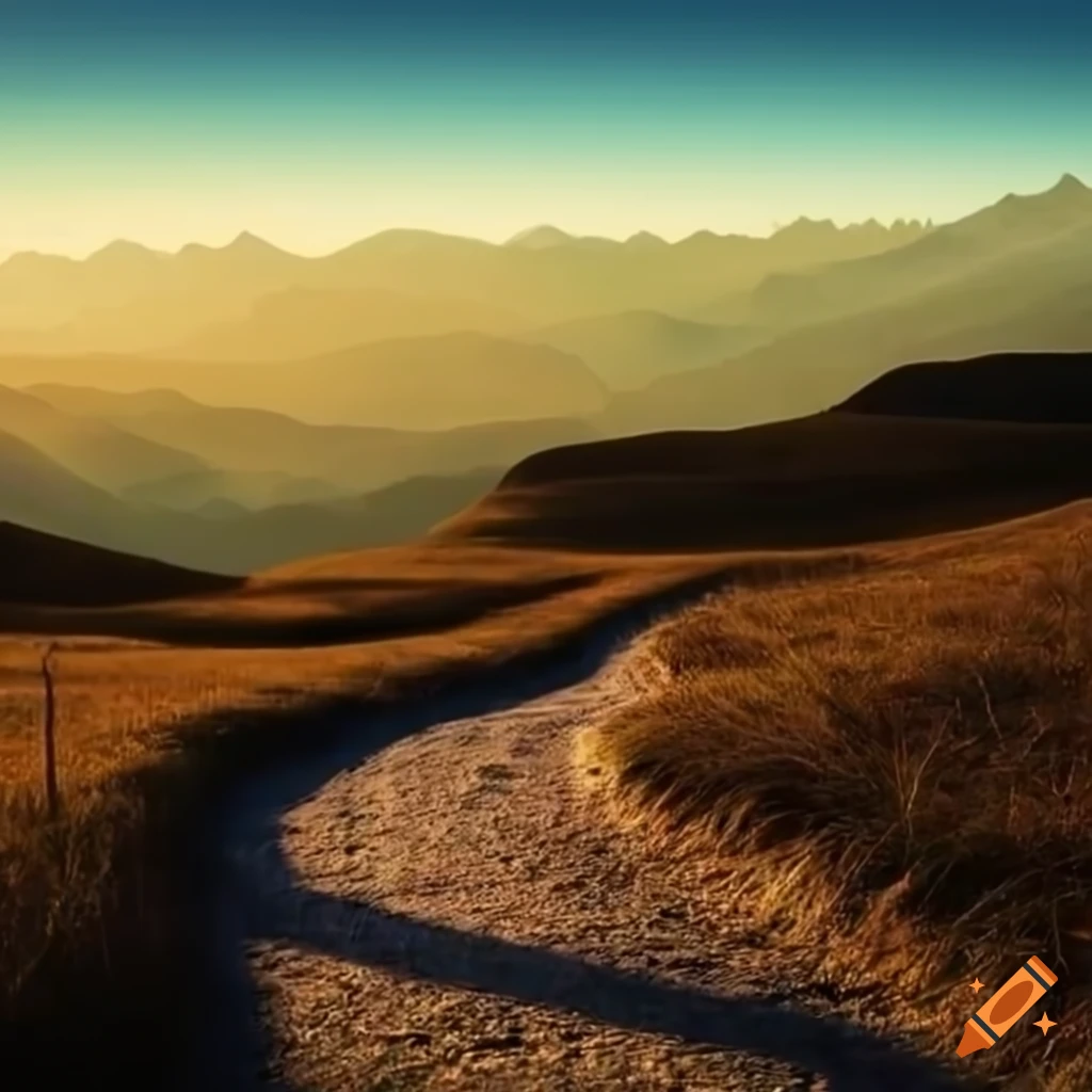 Winding path with shadows and distant mountains in a landscape on Craiyon