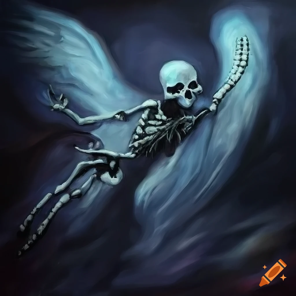 Dark skeleton angel falling from metallic cloud in intense oil painting ...