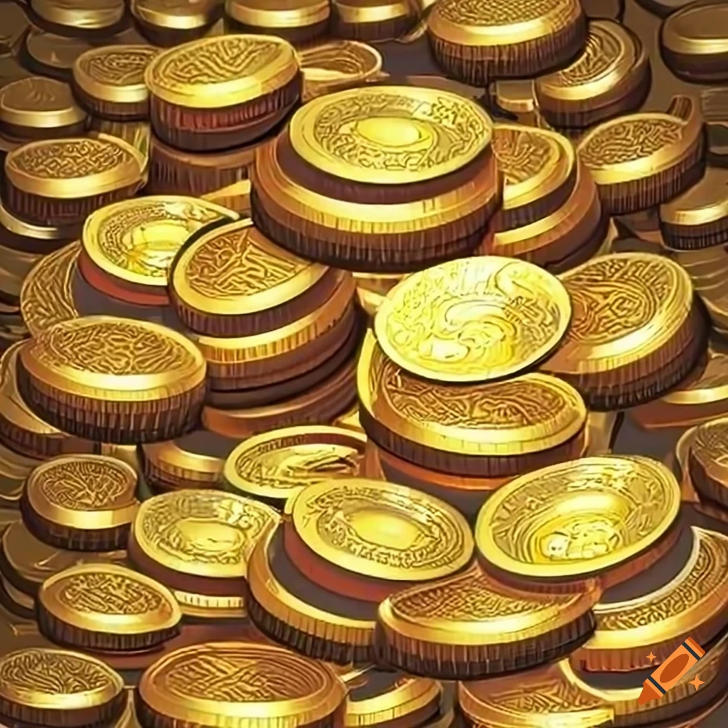 Pile of shiny gold coins in an anime style on Craiyon