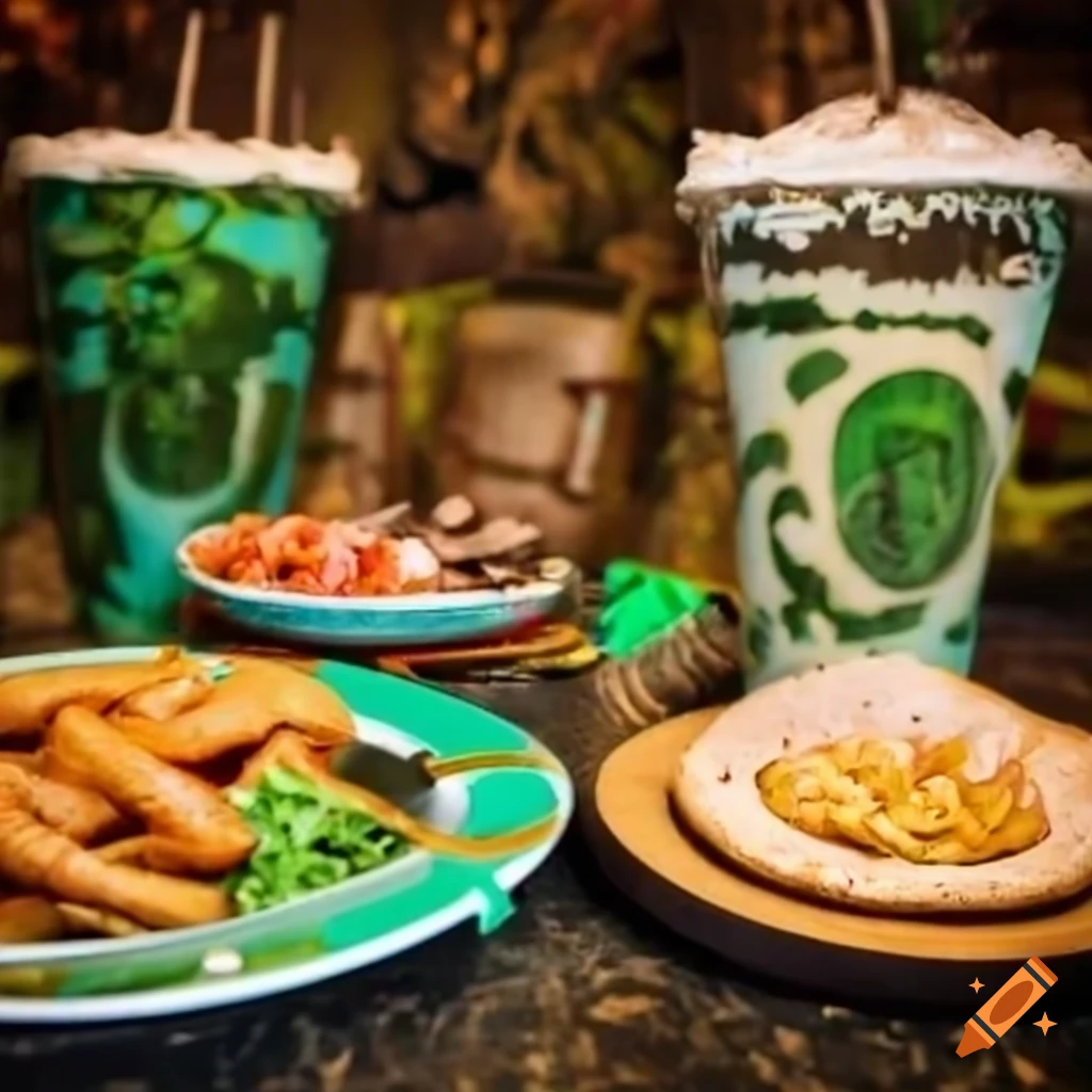 Jungle themed food stations at a theme park on Craiyon