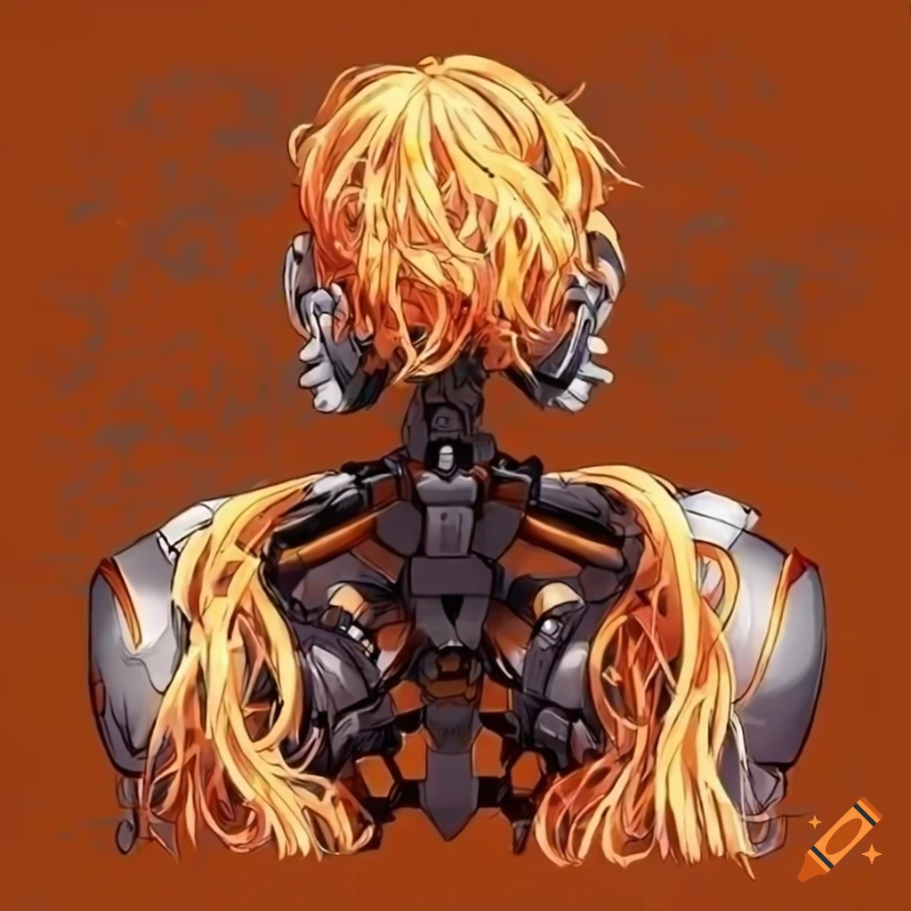 Anime mecha droid with noodle hair on burnt orange background on Craiyon