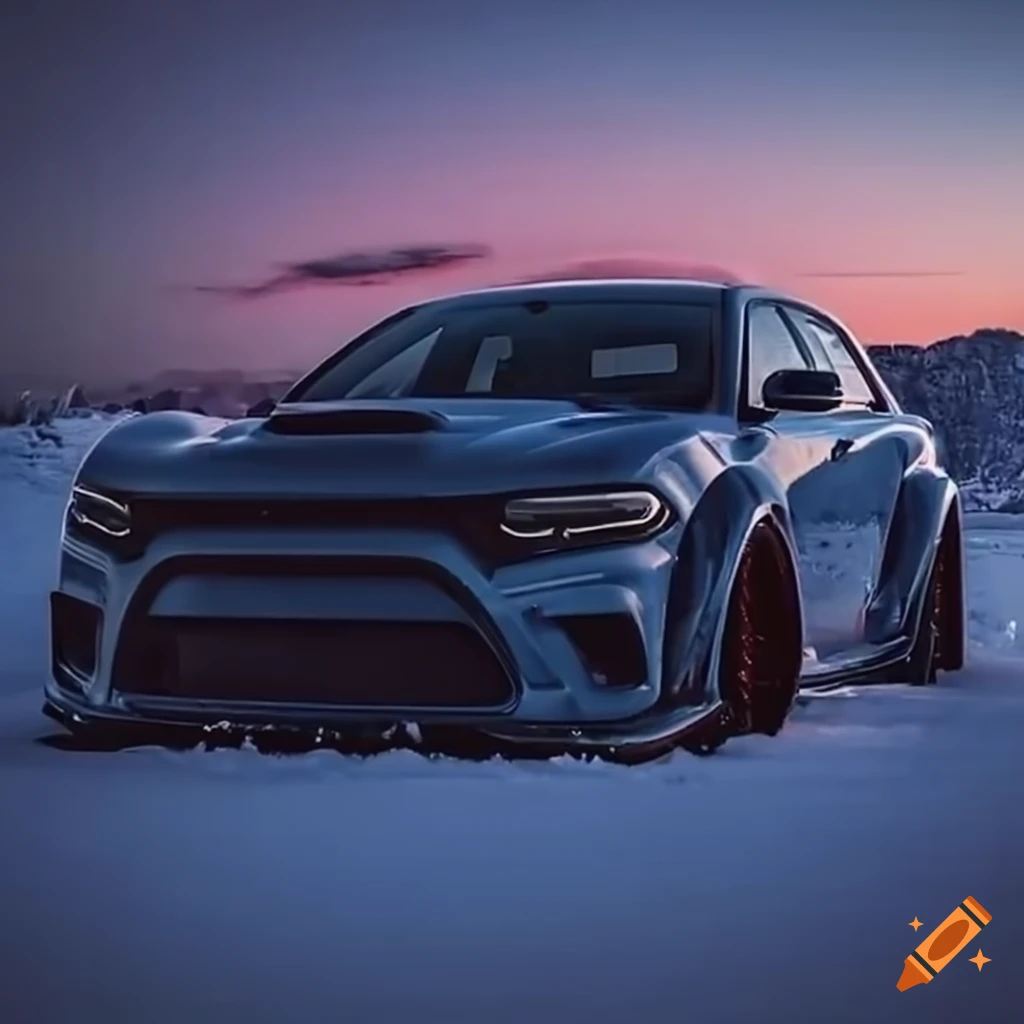 Widebody hellcat charger in a snowy setting on Craiyon