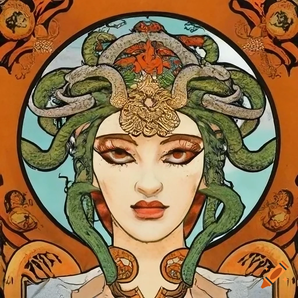 Medusa portrayed in the mucha art style on Craiyon