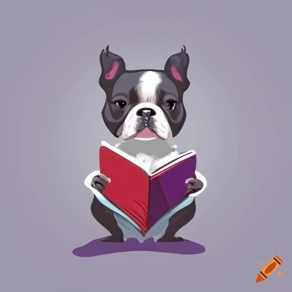 Boston terrier reading books in a vector illustration on Craiyon
