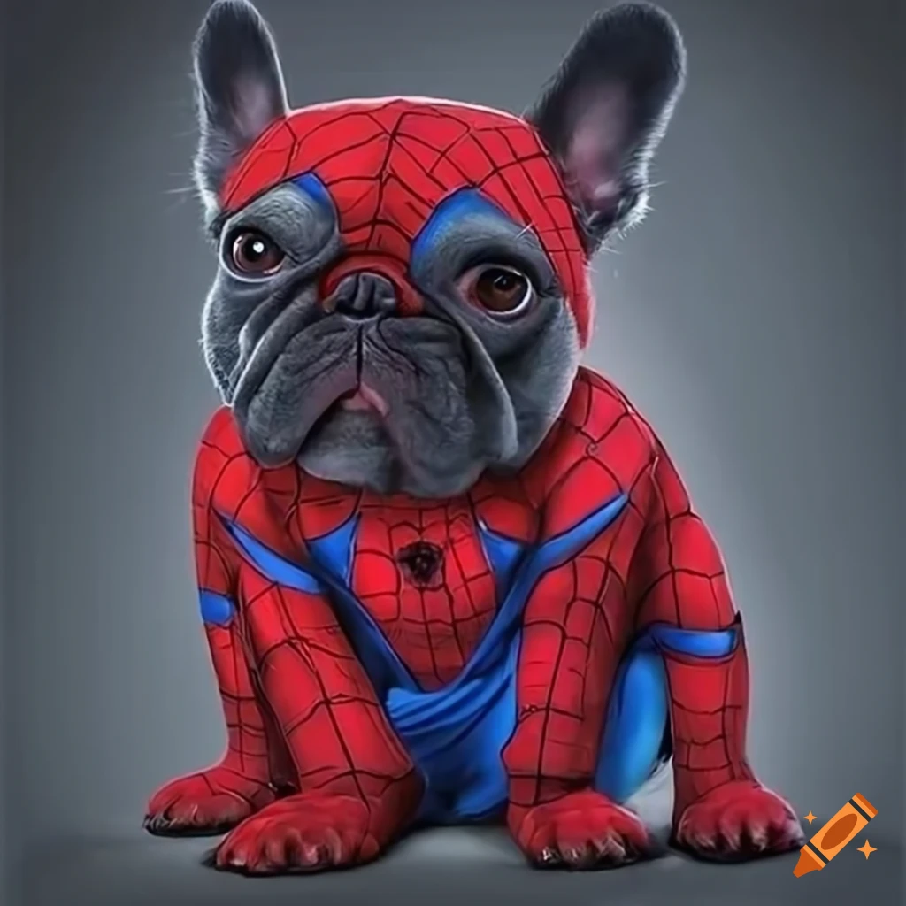 French Bulldog dressed as Spider-Man standing on all fours on Craiyon