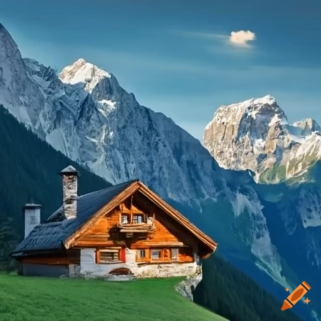 Cottage in front of austrian alps summits on Craiyon